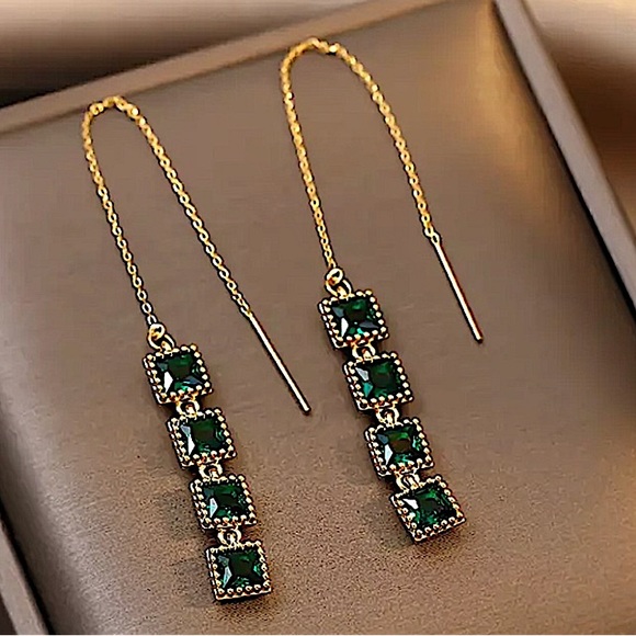 Jewelry | Emerald Gemstone Gold Plated Threader Earrings | Poshmark